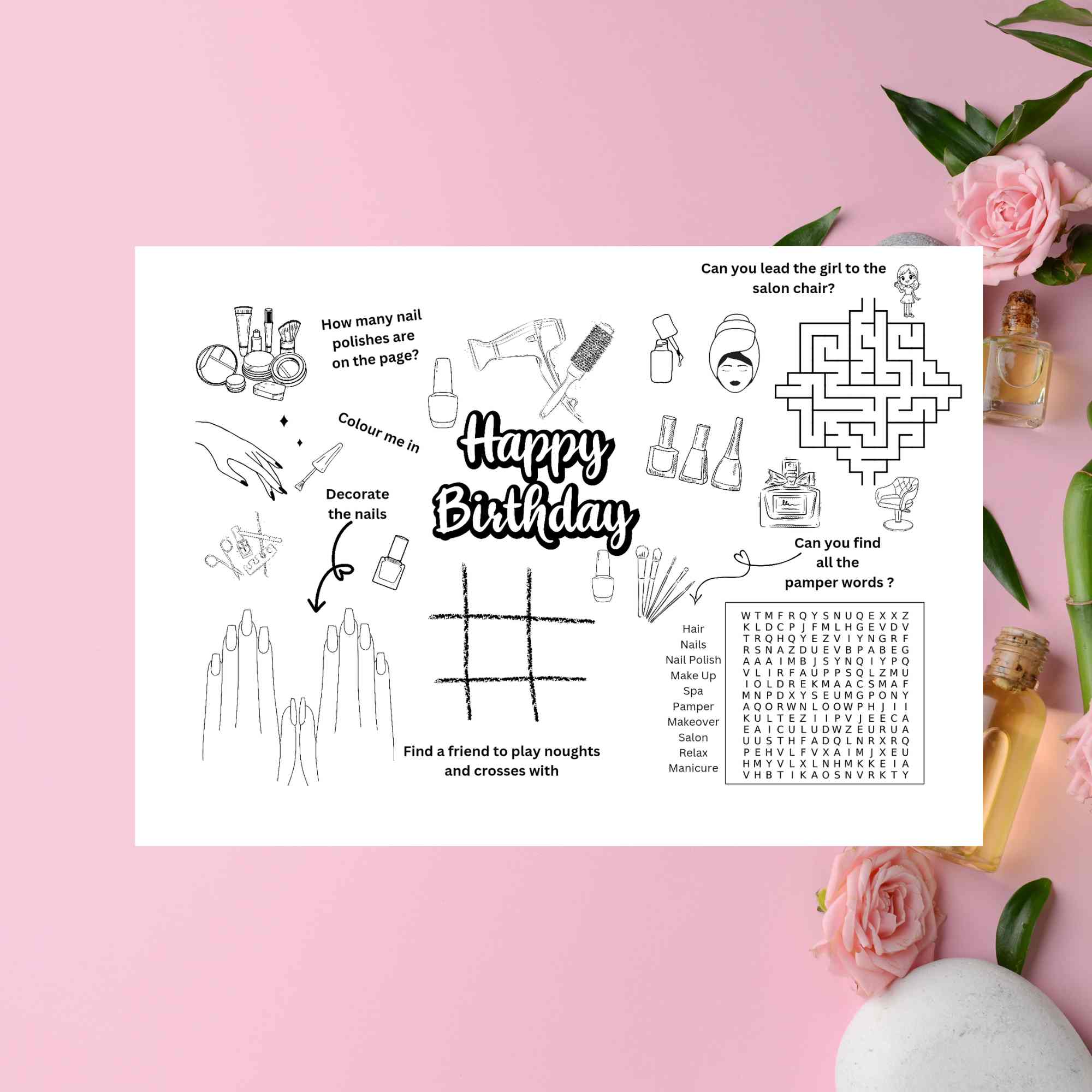 Spa Pamper Birthday Activity Printable Placemat – magicalminikids